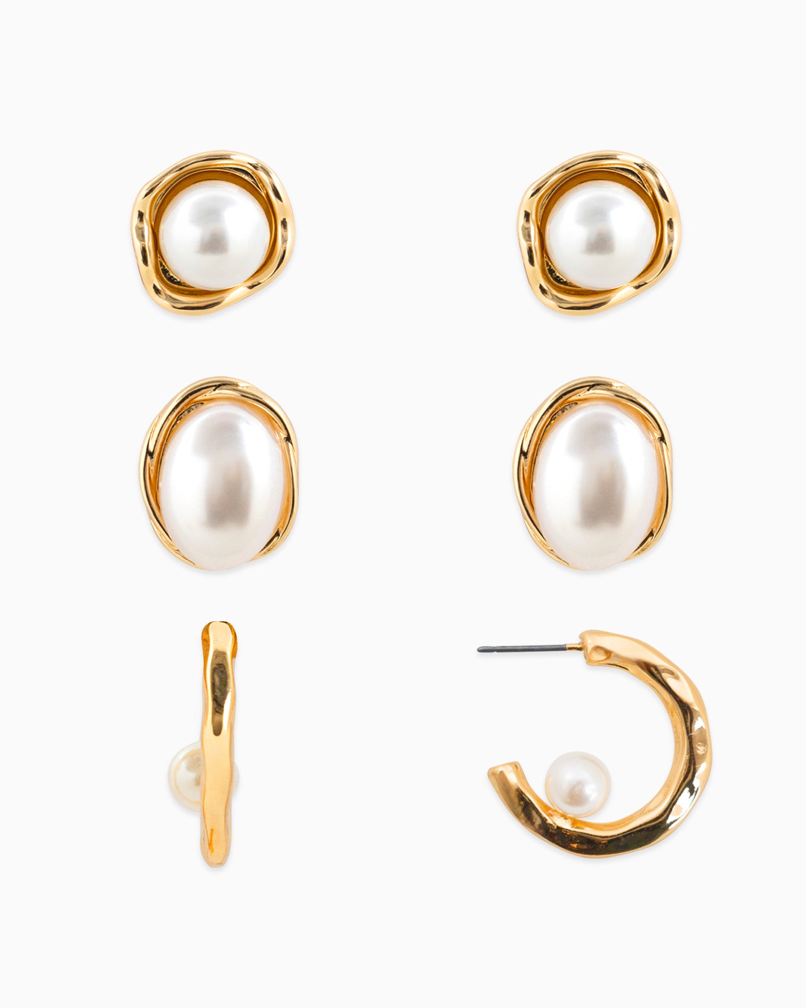 Frame Pearl, Stud & Hoop Earrings Set of 3